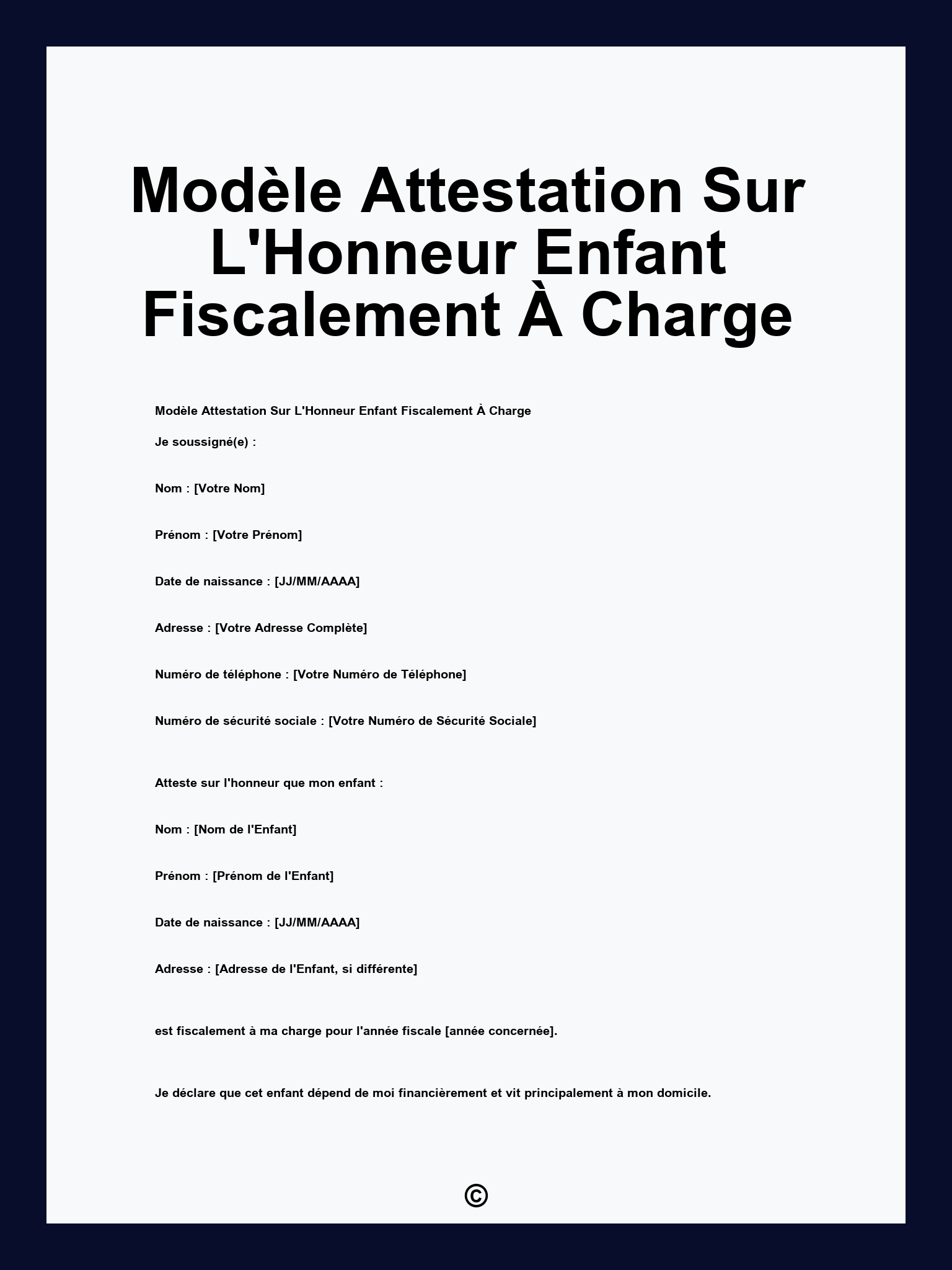 Modèle Attestation Sur L'Honneur Enfant Fiscalement À Charge